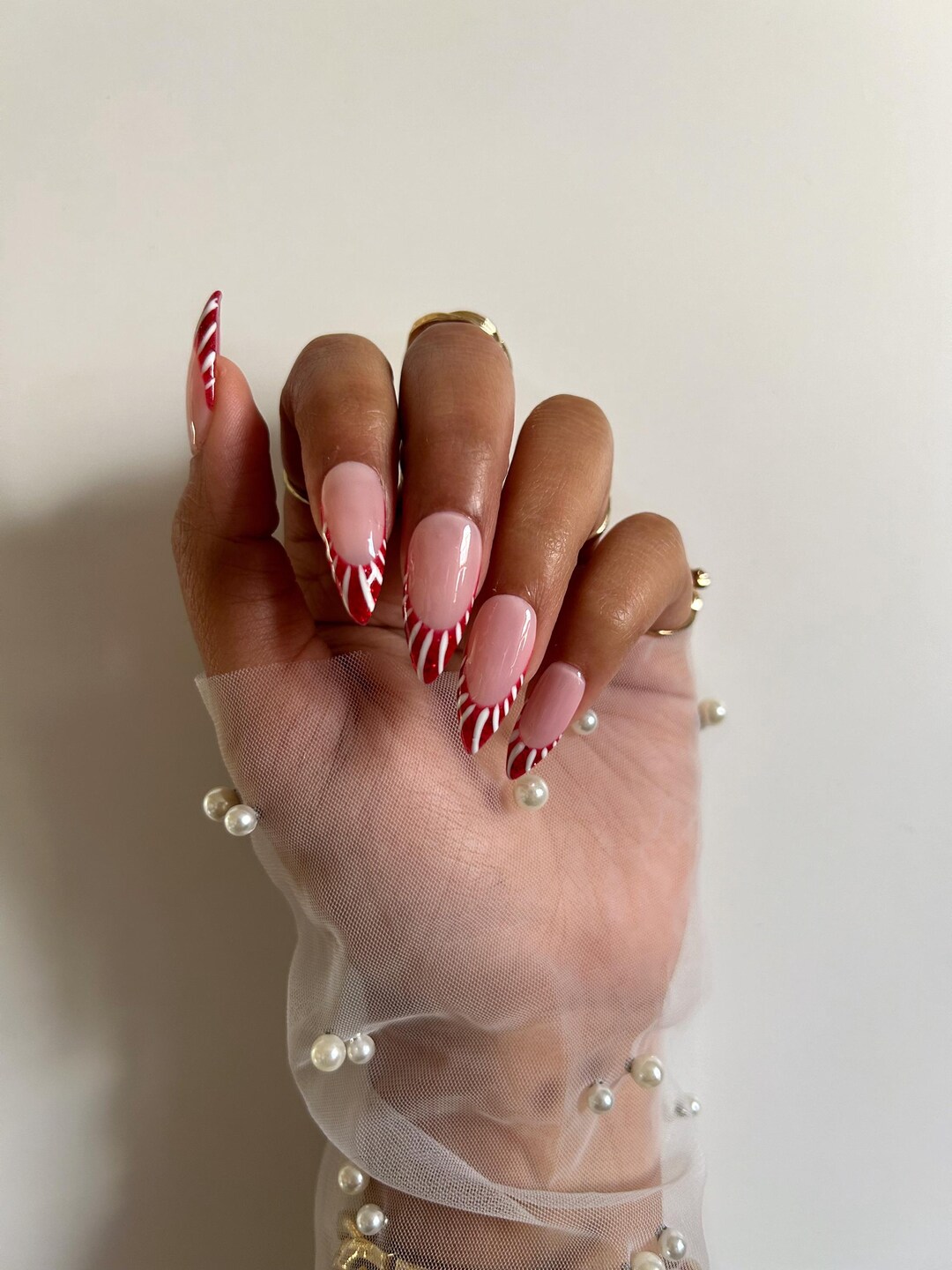 Candy Cane French Design Press on Nails - Etsy