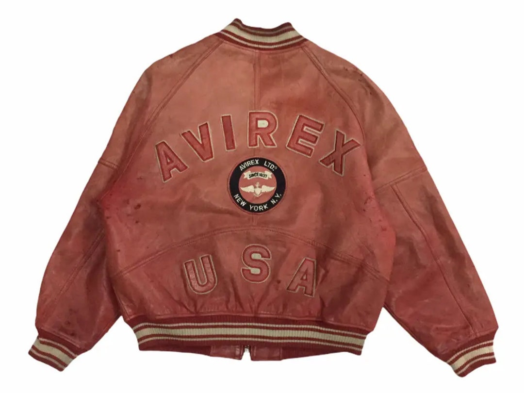 Super Rare!! 90s AVIREX USA Vintage Clothing Varsity Leather Embroidered Big Logo Spell Out Red ...