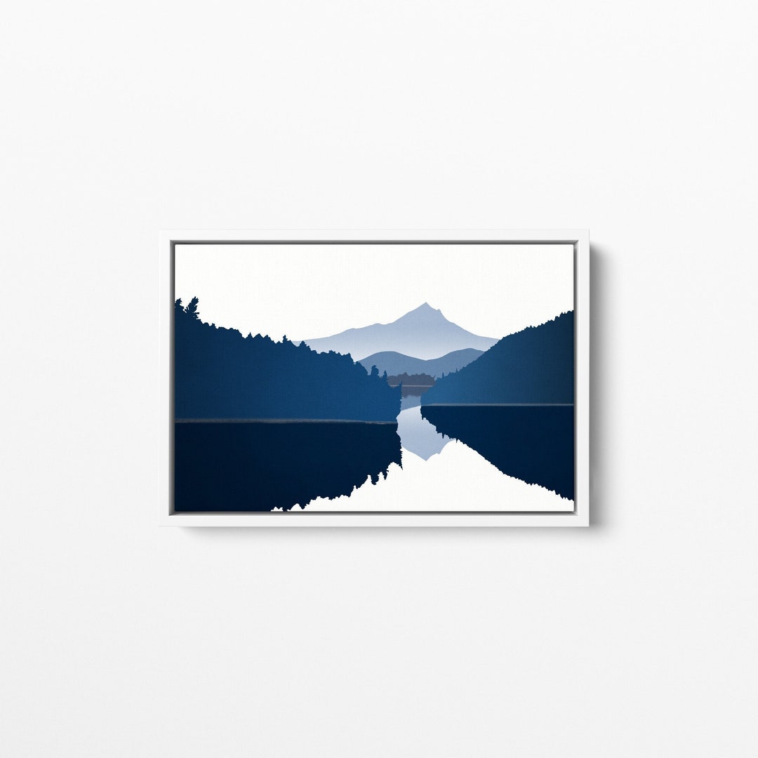 Lake Reflection Canvas Art, Navy Blue Landscape Painting, Large Nature ...