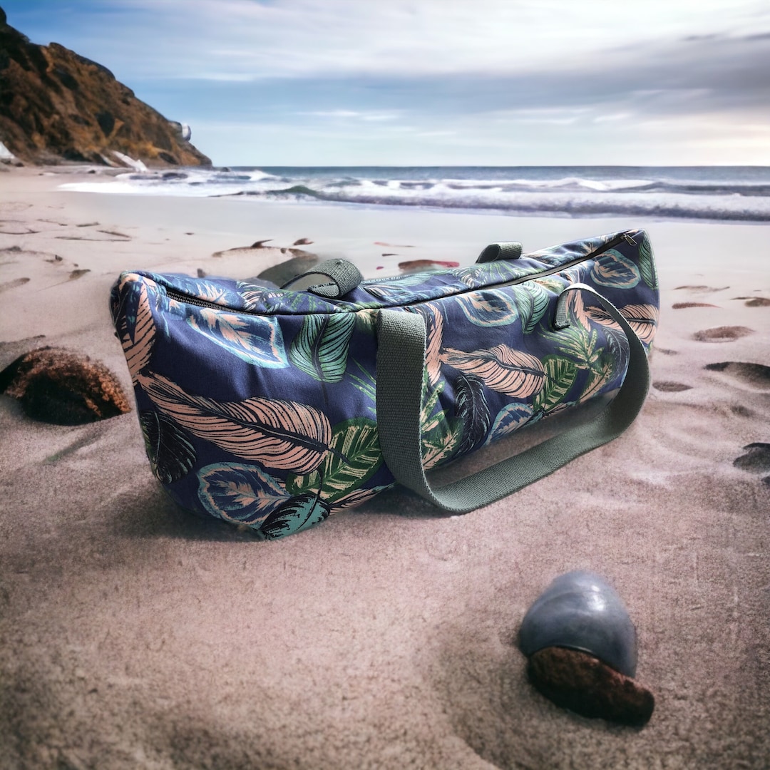 Large Yoga Mat Bag in Blue With Pink Feathers, Strong Canvas Straps ...