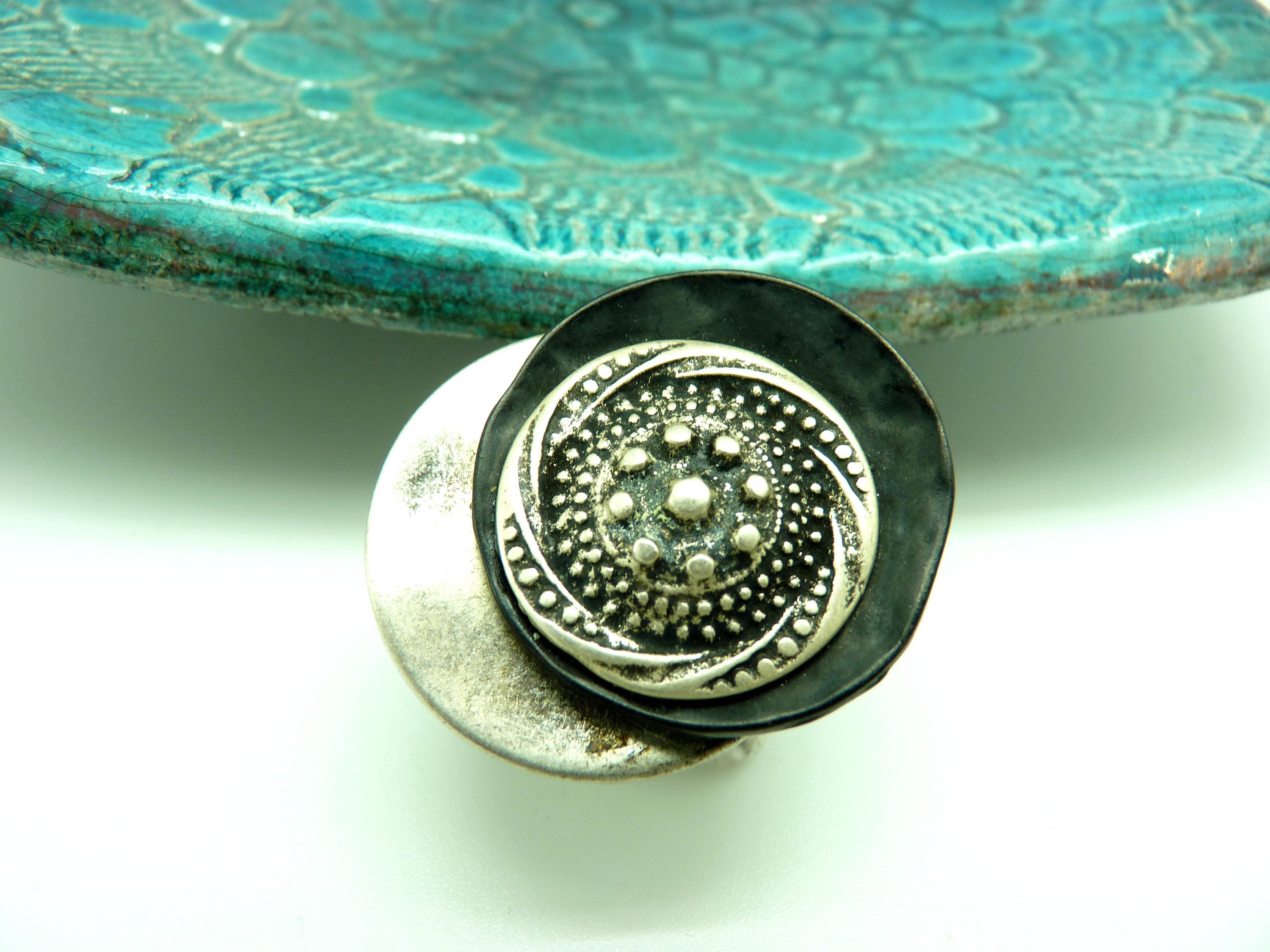 SILVER and black metal ring offbeat graphic CYCLONE