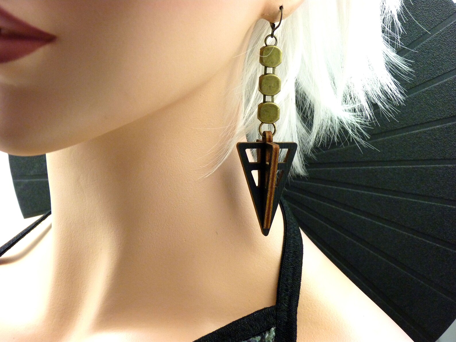 3D Asymmetrical Earrings in Black Wood and Bronze Metal. 3D WOOD Clip ...