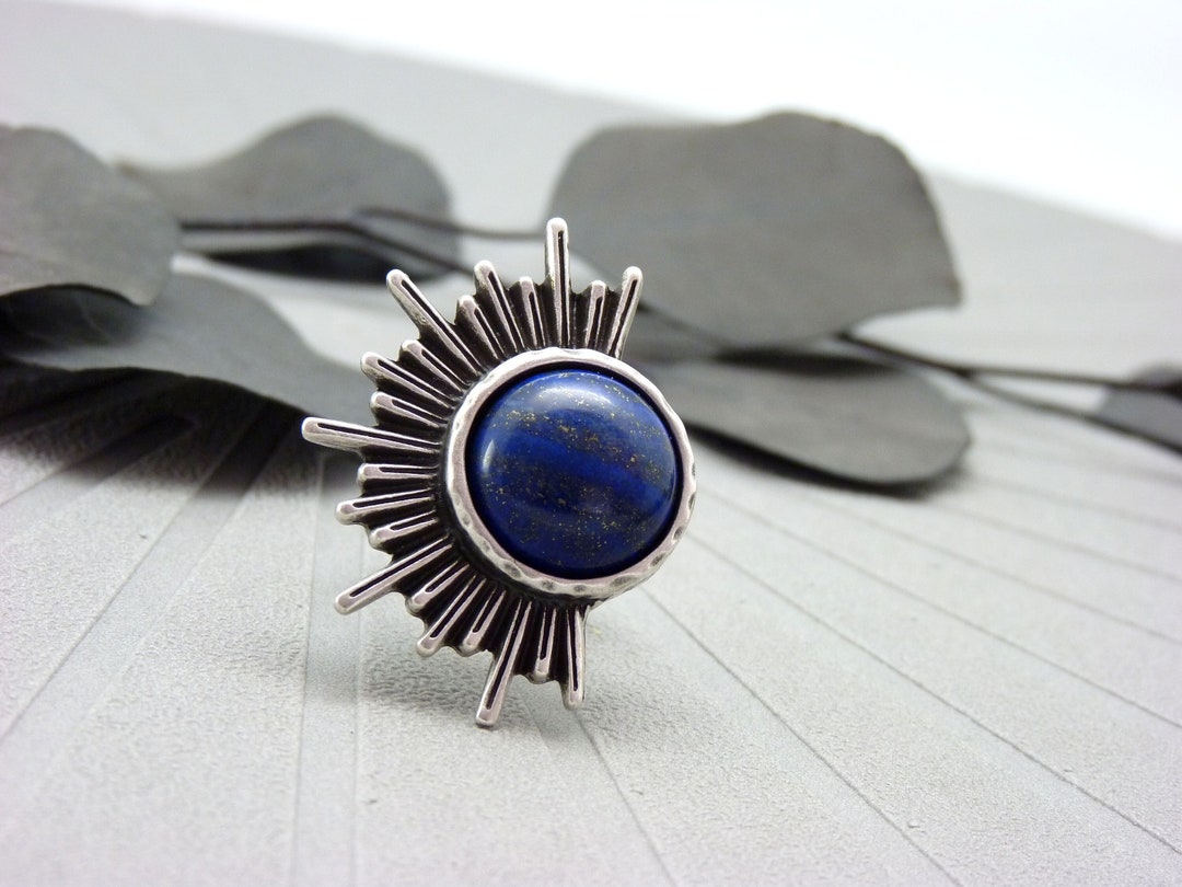 Half-sun Silver Ring With Indigo Blue Lapis Lazuli Stone, Graphic HALF ...