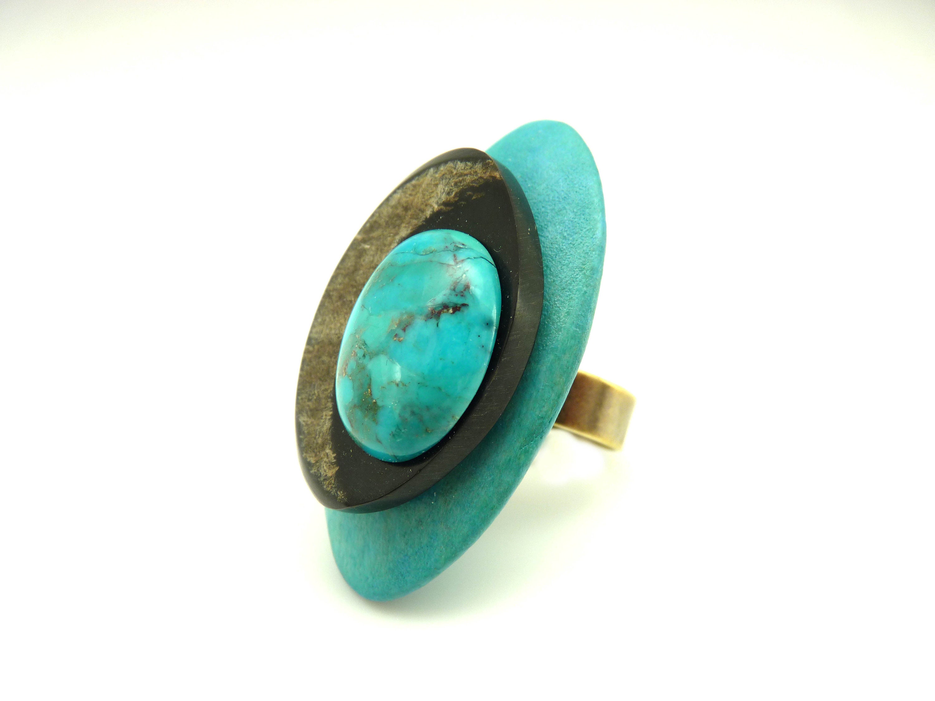 Large ring turquoise stone, long, oval, blue wood and horn, ethnic ...