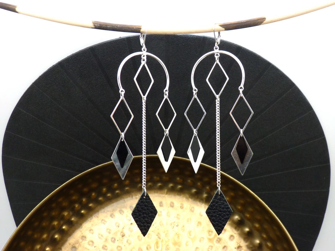 Art Deco Diamond-shaped Earrings, Black Silver, Metal and Leather ...