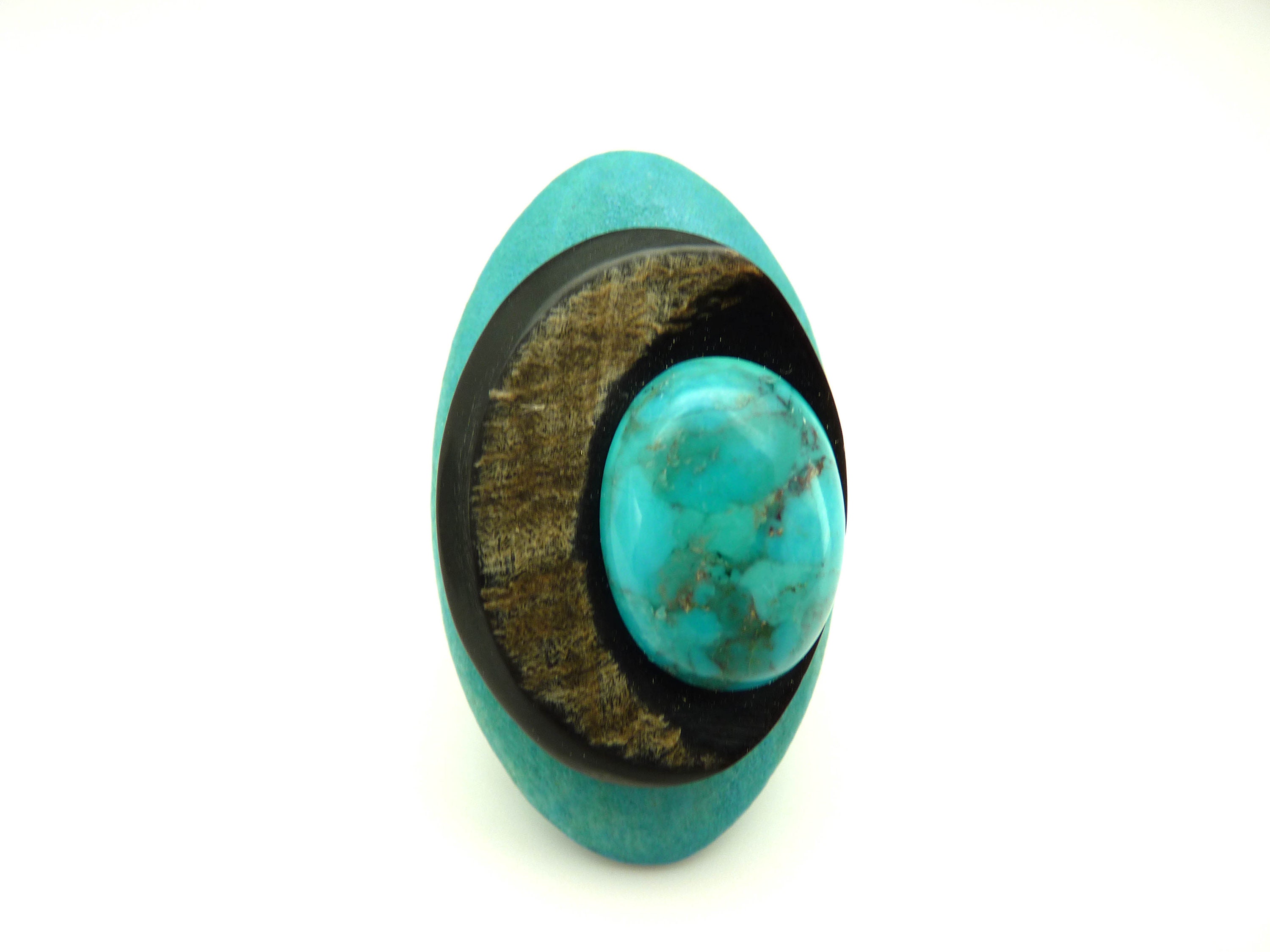 Large ring turquoise stone, long, oval, blue wood and horn, ethnic ...