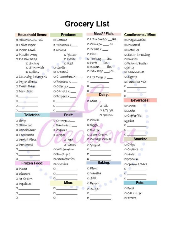 Printable Grocery Shopping List - Etsy