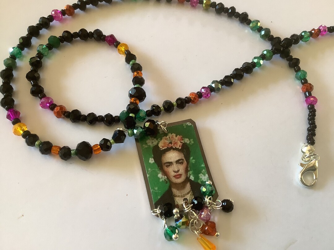 Frida Khalo Necklace, Black, Green, Orange-pink Choker, Flower Czech ...