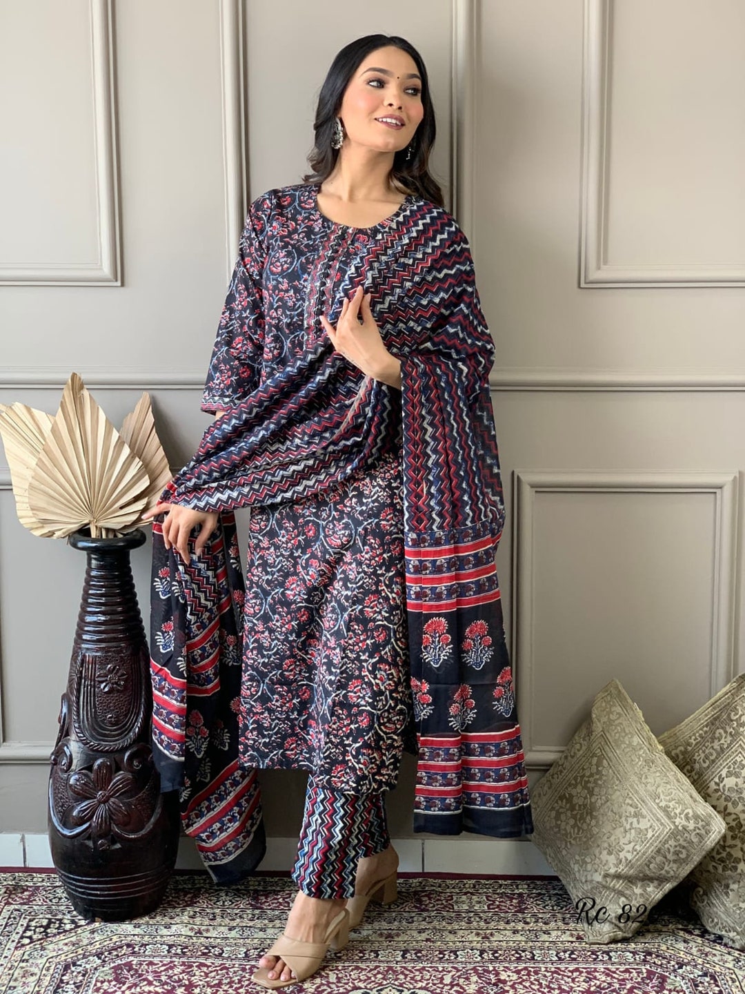 Indian 3 Piece Weeding Festive Straight Kurti Pant With Dupatta Set for ...