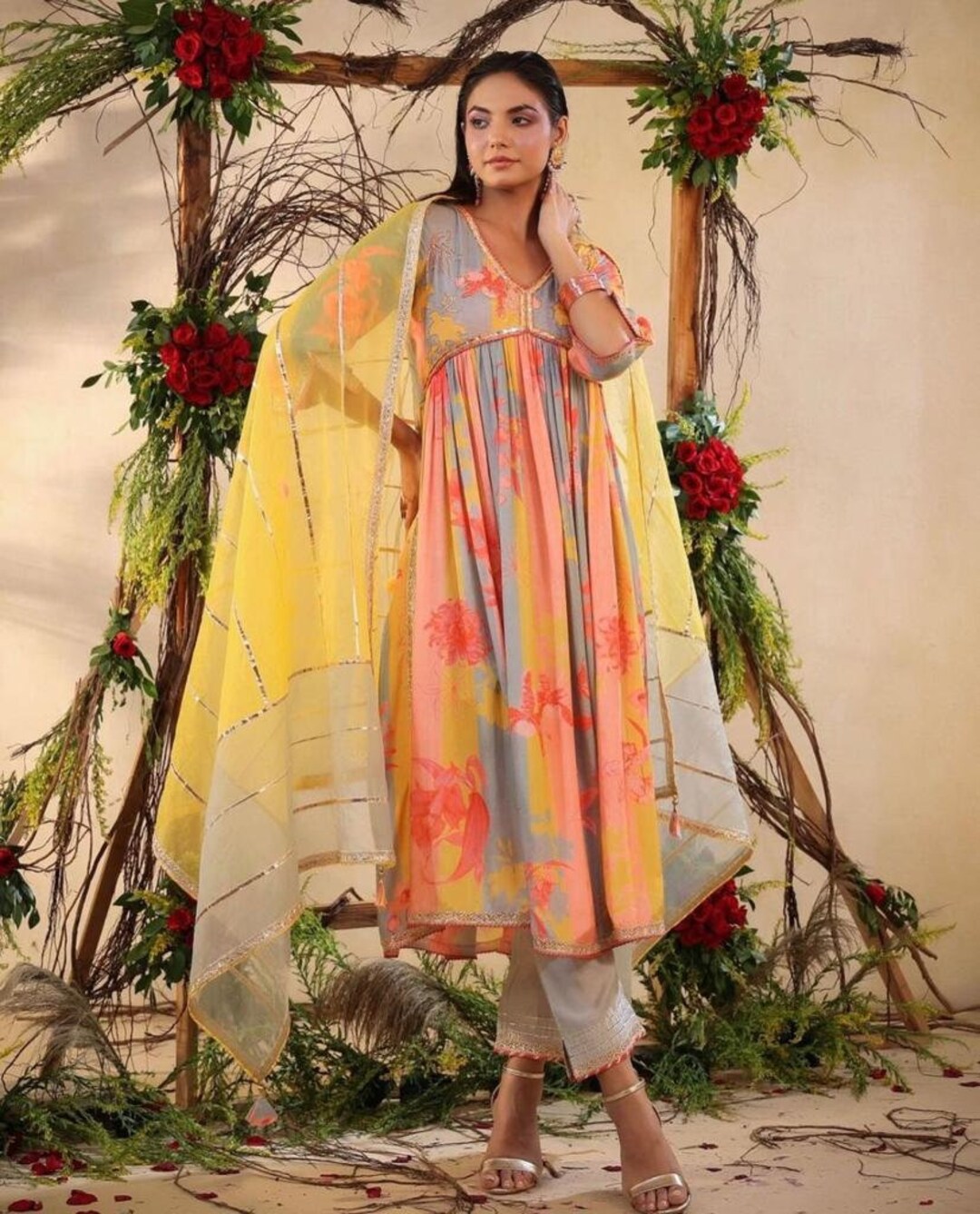 3 Pc Indian Wedding Festive Straight Kurti Pant With Dupatta Set for ...