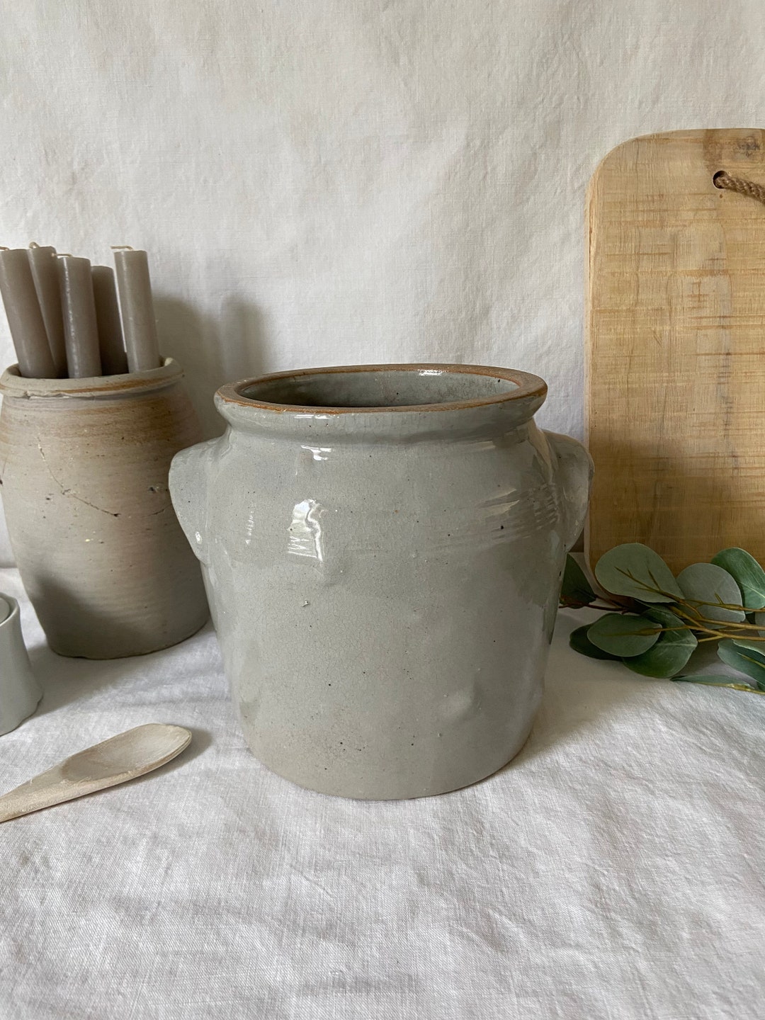 Old Confit or Fat Pot in Gray Glazed Stoneware. Eared Pot. 19cm ...
