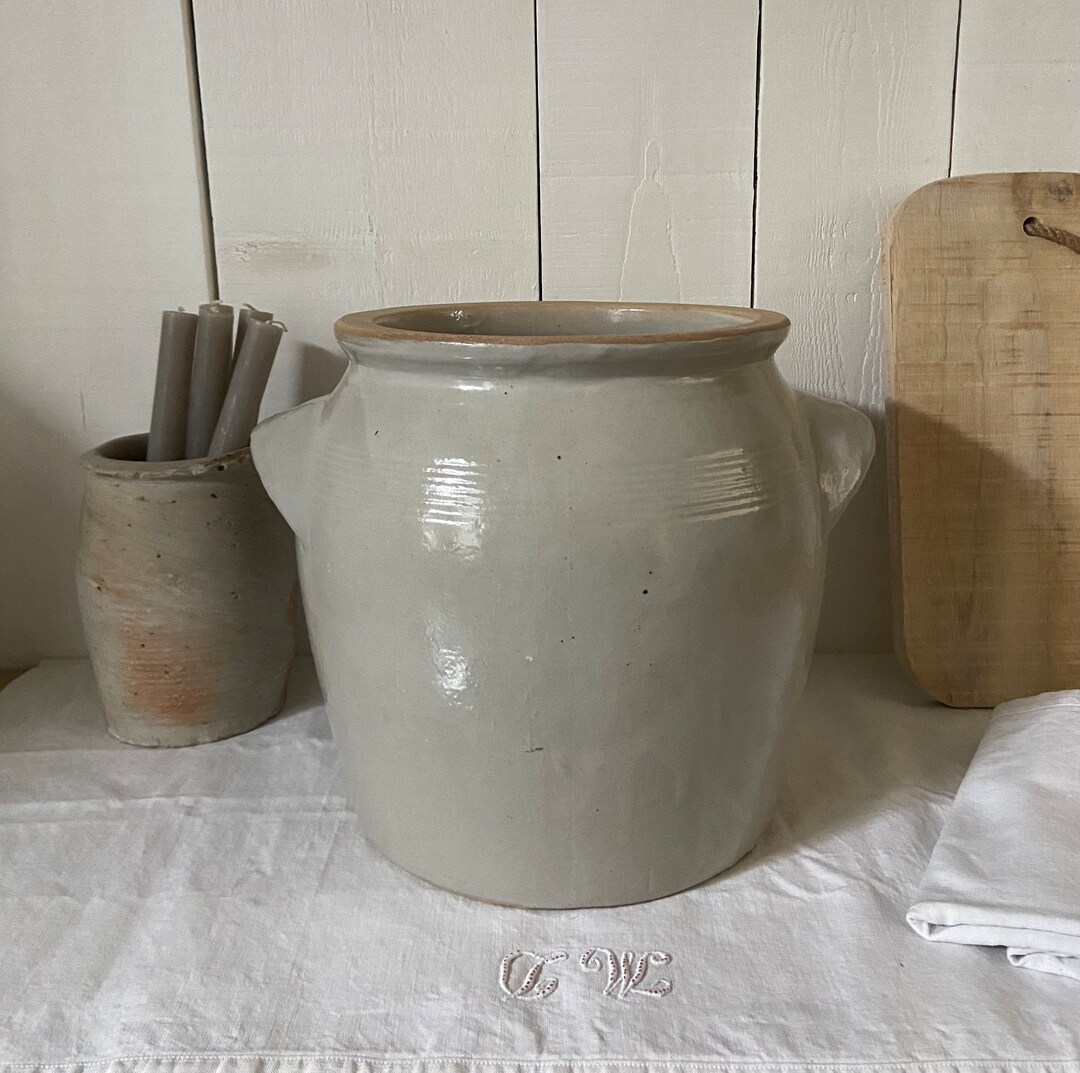 Huge Old Confit or Fat Pot in Gray/beige Glazed Stoneware. XL Ear Pot ...