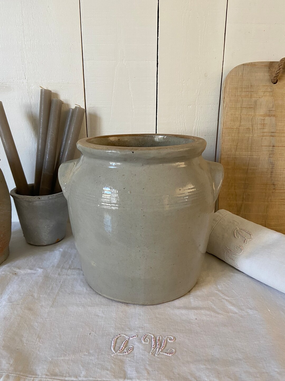 Antique Grey/beige Glazed Stoneware Jam or Fat Pot. Eared Pot. 21 Cm ...