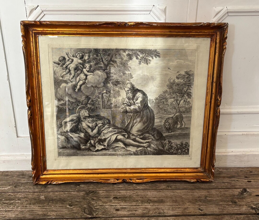 Large Antique Baroque Engraving, 17th Century. Saint Jerome in ...