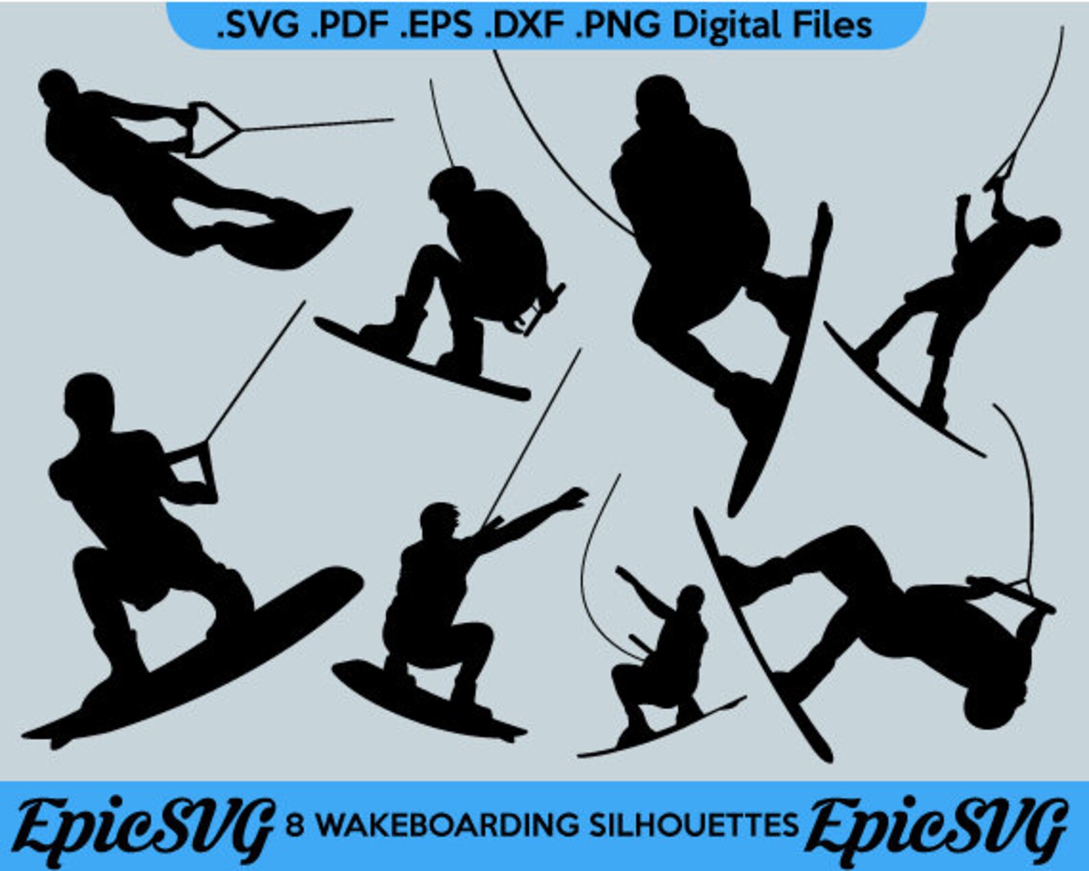 8 Siluetas de Wakeboard / . Svg. Pdf. EPS .dxf .png / Wakeboard Vector ...