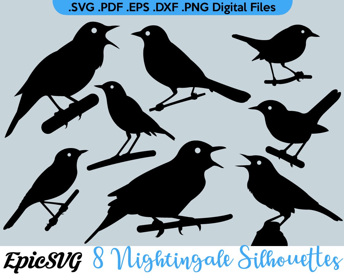 8 Nightingale Silhouettes .SVG .PDF .EPS .dxf .png Digital Files Robin ...