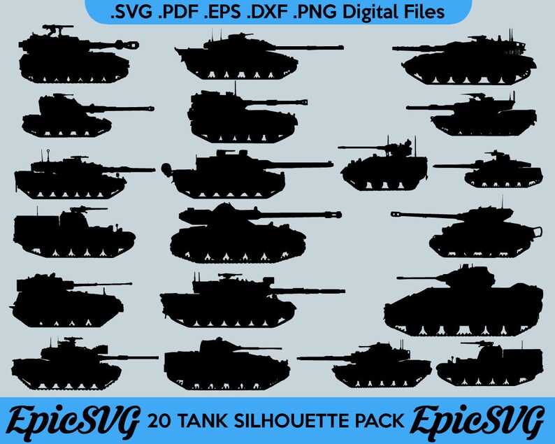 20 Tank Silhouettes .SVG .PDF .EPS .dxf .png Digital Files of Tanks ...