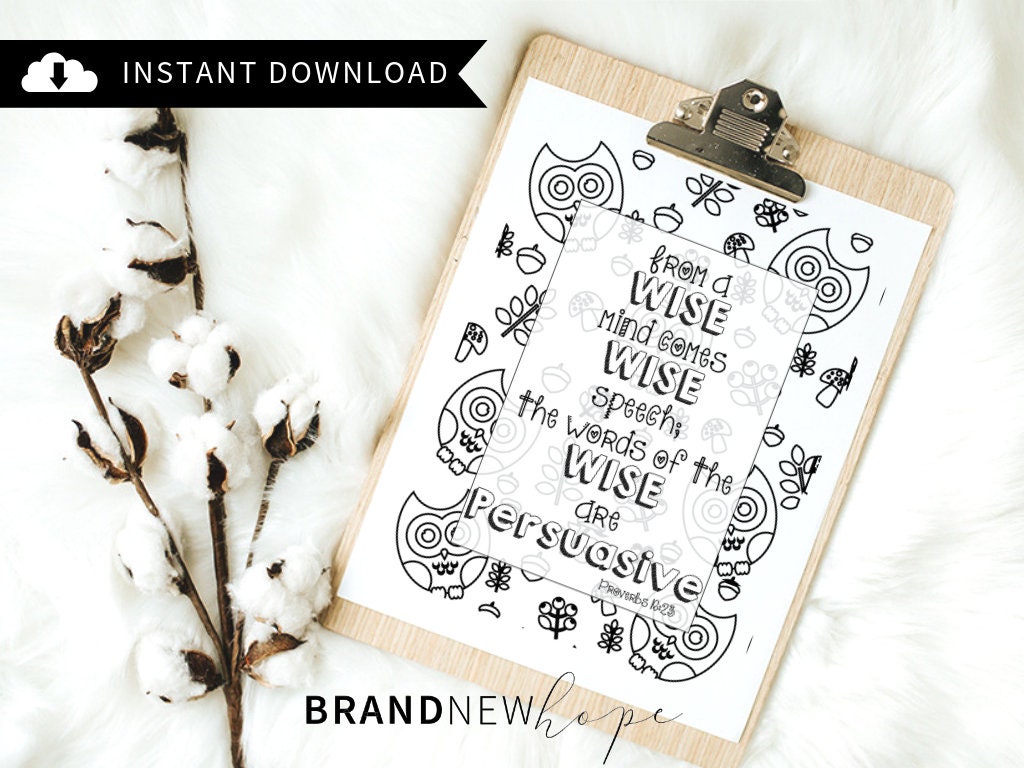 Proverbs 16:23 Scripture Coloring Page, Bible Coloring Page, Owls ...