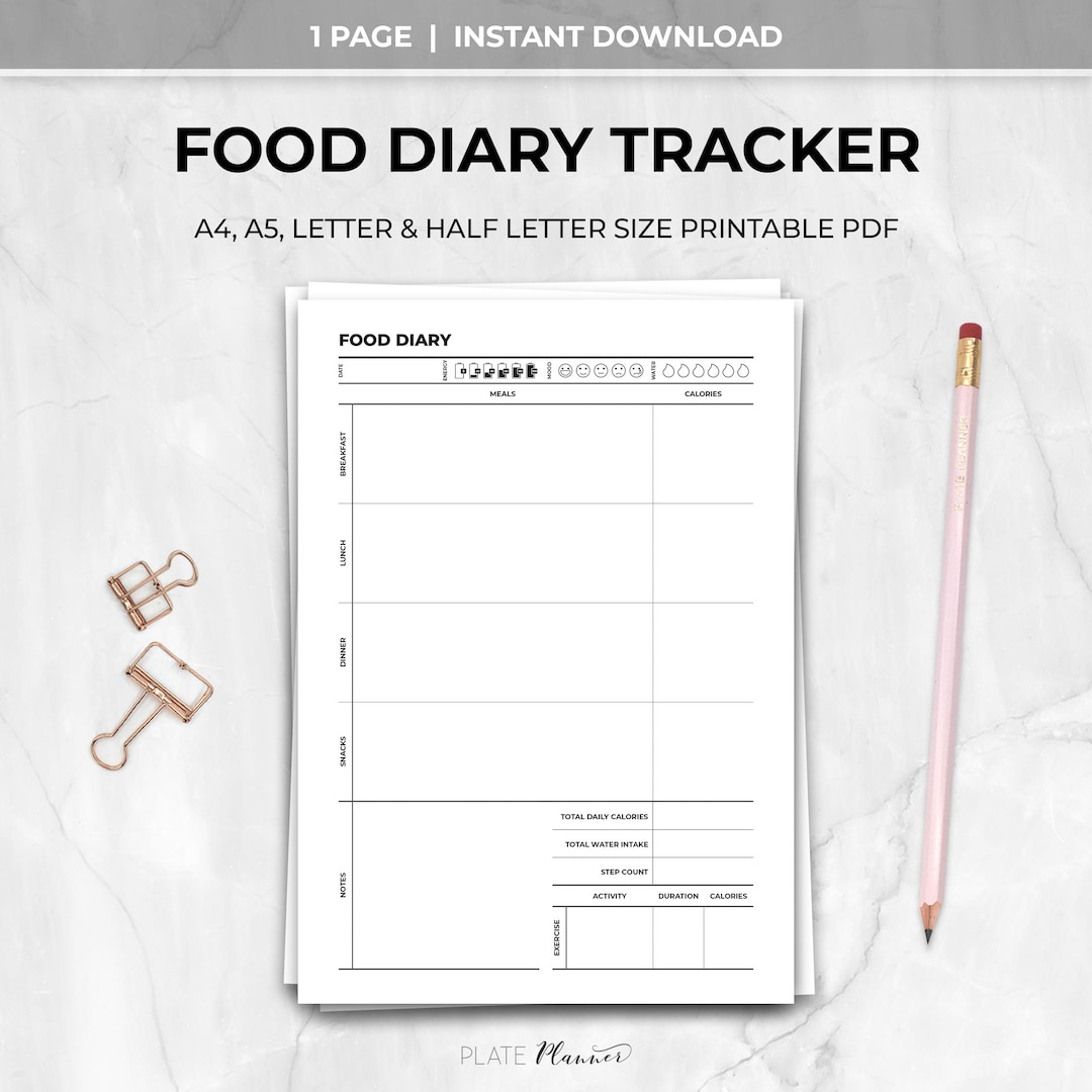 Food Diary Tracker Printable | Daily Meal Log | Nutrition and Health ...