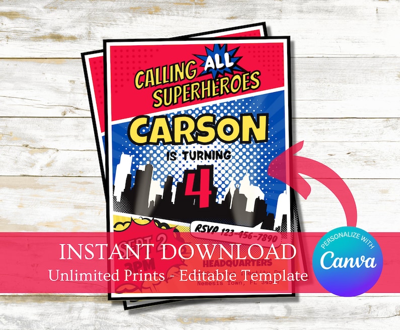 Superhero Invitation, Comic Birthday Invite, Superhero Birthday Party ...