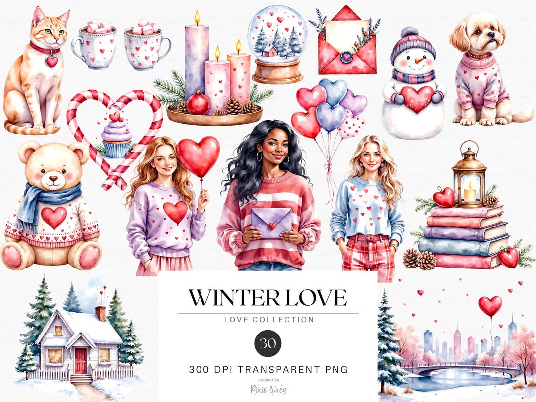 Watercolor Winter Love Clipart, Romantic Valentines Day Clip Art, Cozy ...