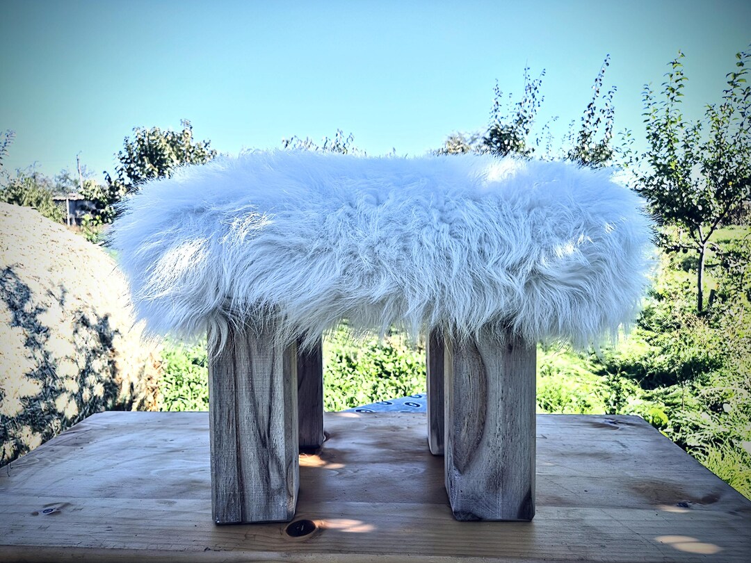 Polar Bear White REAL Sheepskin Footstool, Handmade With Ivory Very ...