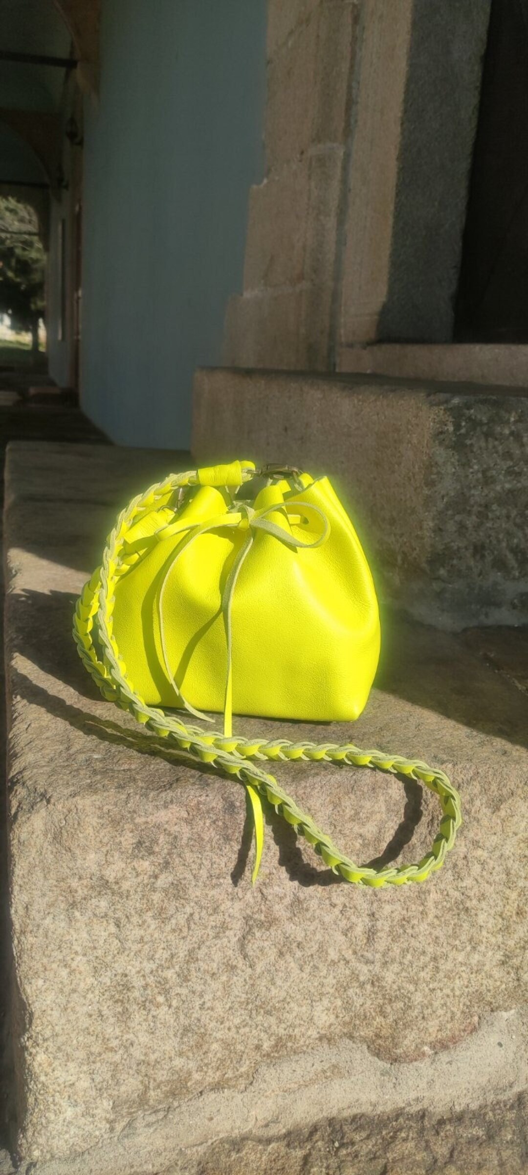 Neon Yellow Leather Bucket Bag, Mini Drawstring Bag With Braided Strap ...