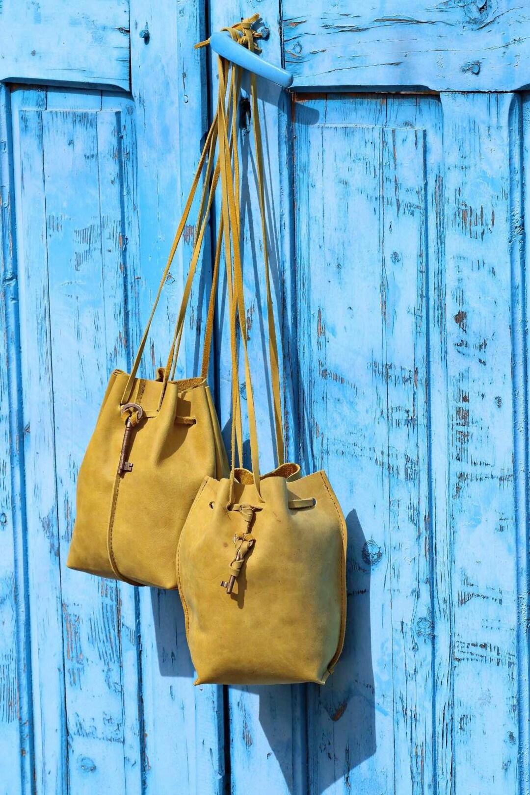 Handmade Mustard Leather Bucket Bag With Drawstring, Free Authentic ...