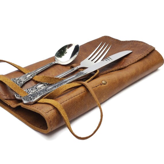 Rustic Leather Roll Up Personalized Cutlery Pouch Organizer - Etsy
