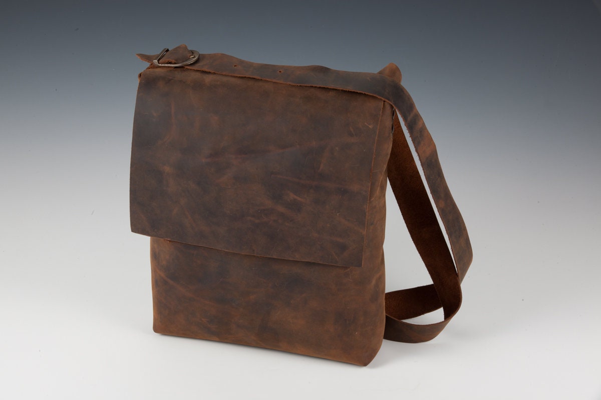 OOAK Raw Leather Hipster Messenger Bag, Rustic Distressed Brown Leather ...