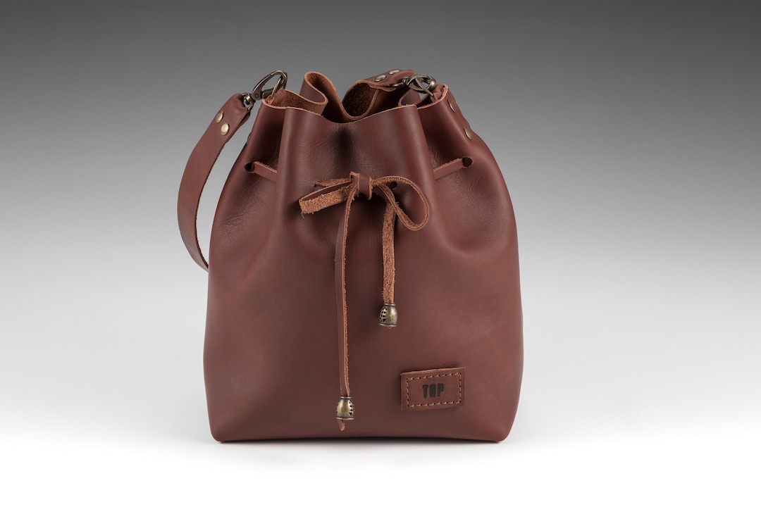 Small Leather Bucket Bag With Personalization, Handmade Sturdy Pouch ...