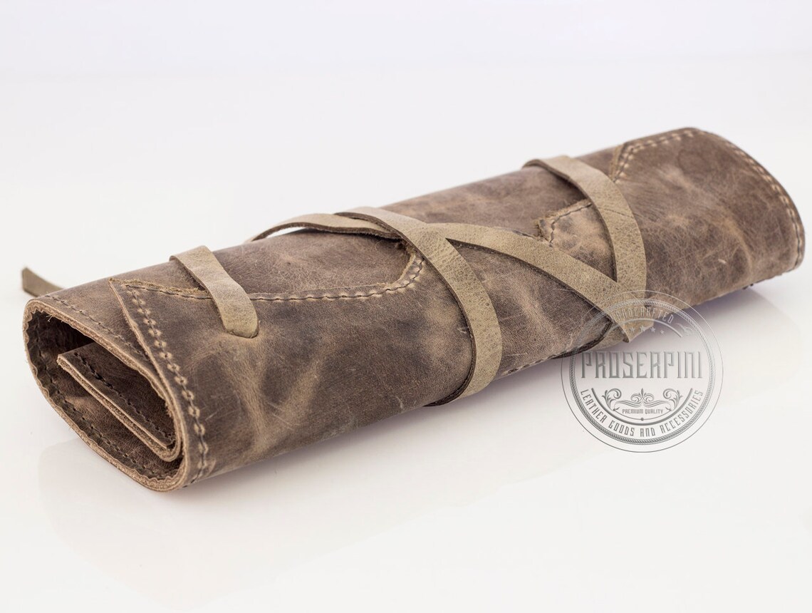 Rustic Leather Cutlery Roll Up, Personalized Cutlery Pouch Organizer ...