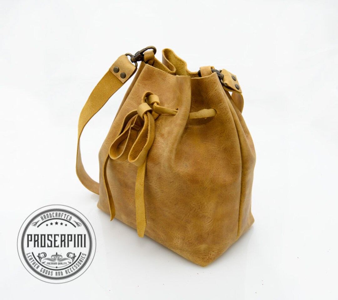 Natural Leather Mustard Bucket Bag With Drawstring, Available With Free ...