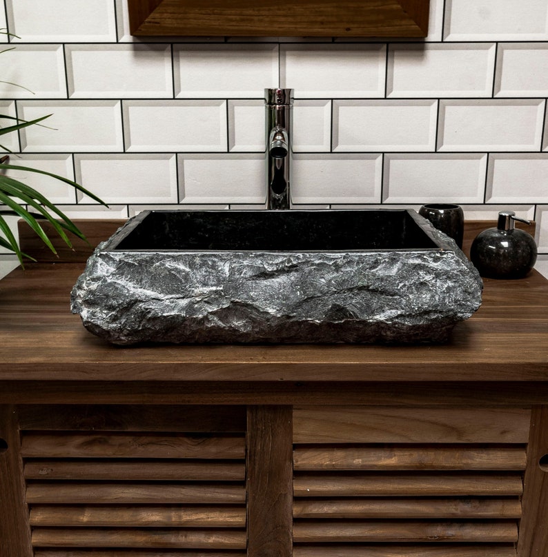 Rough Hewn Black Rectangular Stone Sink 50 X 40 X 12.5cm | Etsy