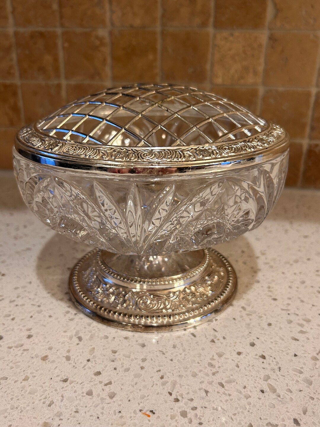 Vintage Mayell Cut Crystal Diamond, Rose Bowl, Silver EP on Zinc ...