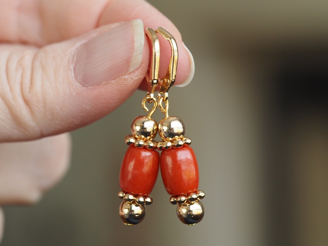 Red Coral Earrings - Red Coral With Gold-colored Hematite on Gold ...