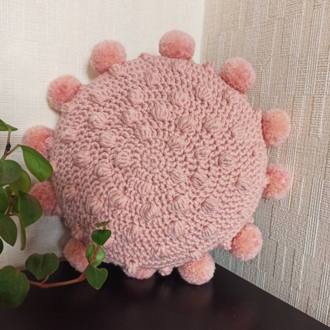 Rose Pillow, Circular Pillow, Blush Pink Crochet Pillow, Round Pom Pom ...
