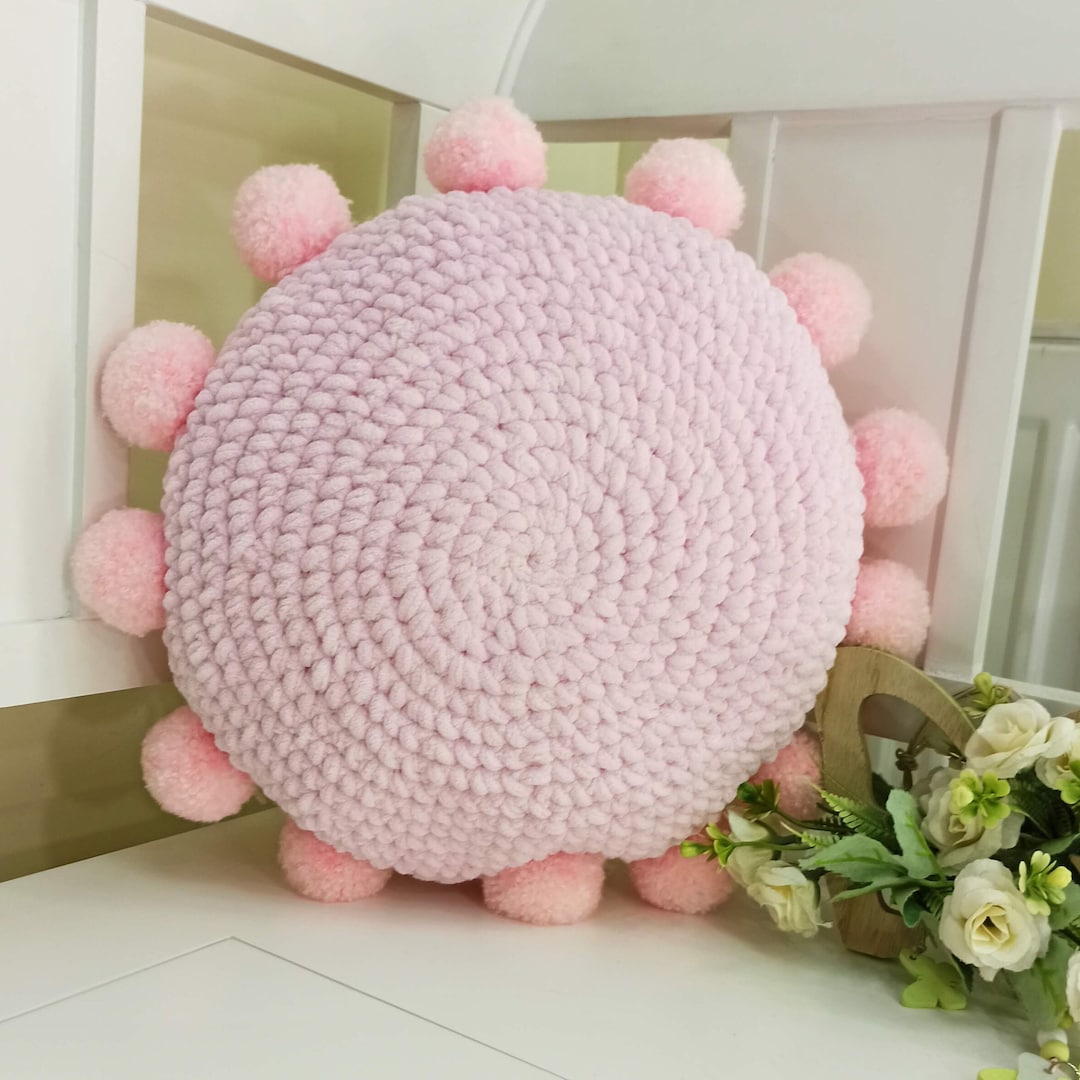 Plush Round Pillow, Crochet Pom Pom Circle Pillow, Circle Cushion ...
