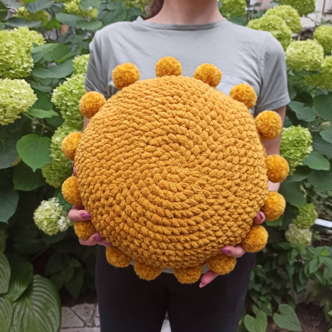 Mustard Plush Round Pillow, Crochet Pom Pom Circle Pillow, Yellow ...
