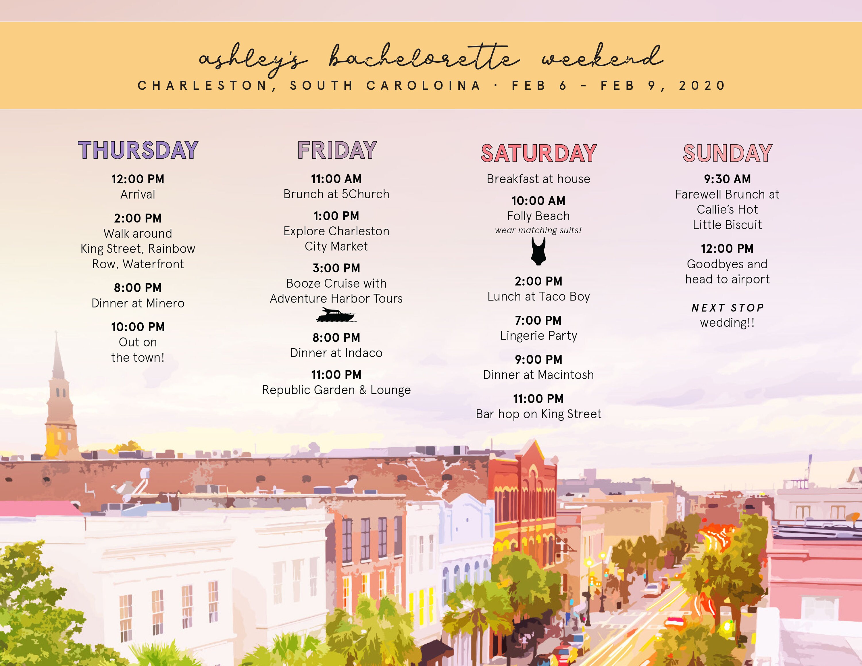 Bachelorette Itinerary - CHARLESTON Themed *NEW* - Etsy