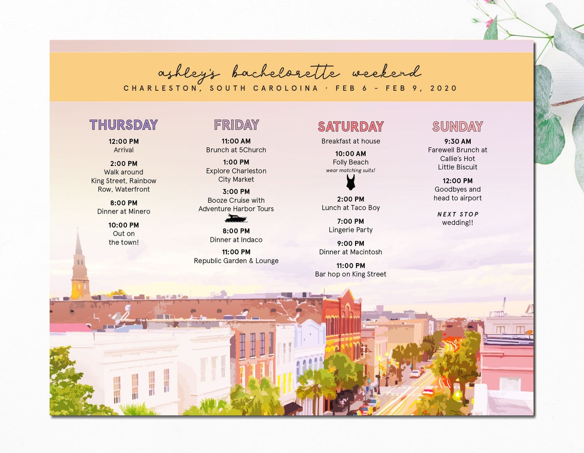 Bachelorette Itinerary - CHARLESTON Themed *NEW* - Etsy