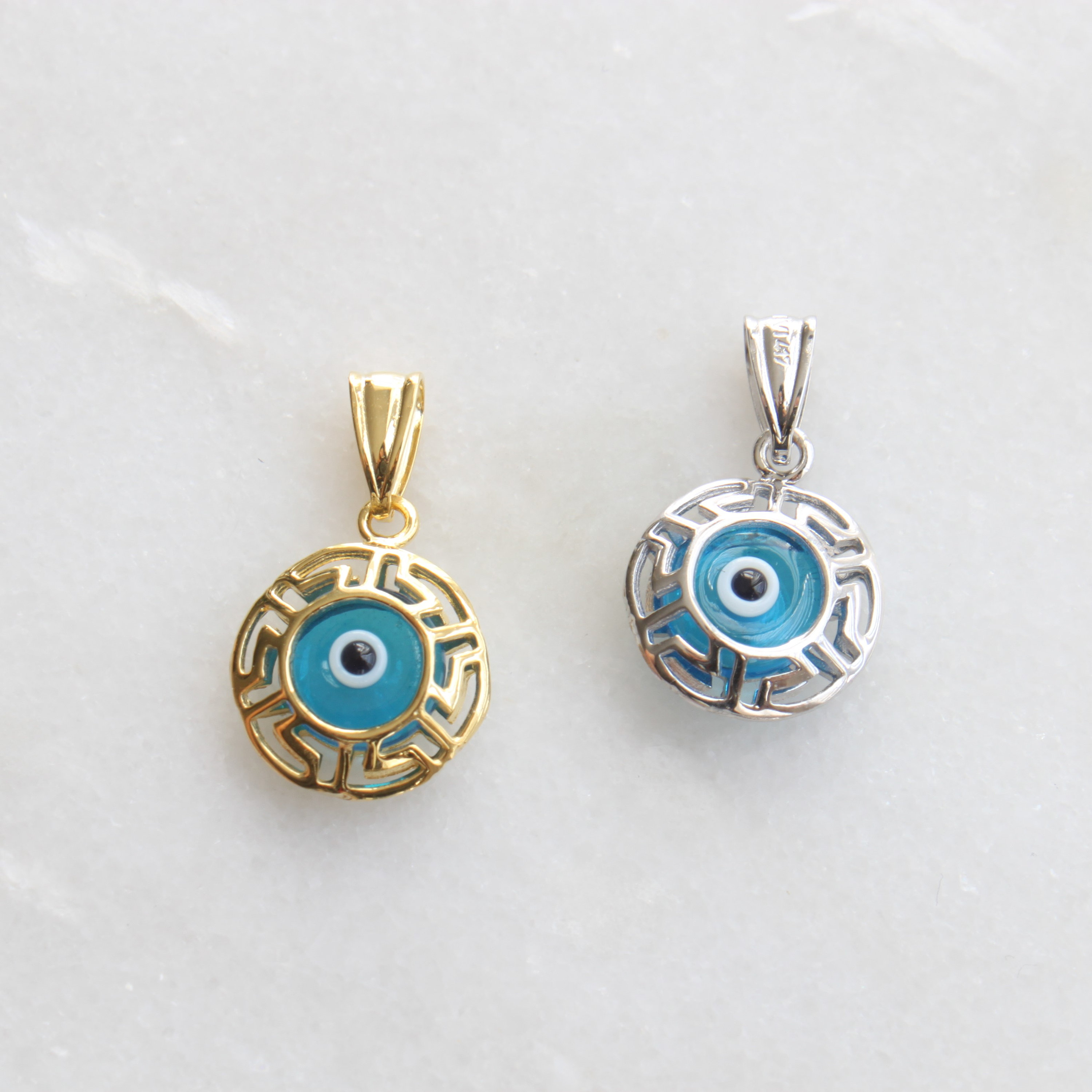Greek Key Evil Eye Charm | 10k Yellow or White Gold Blue Evil Eye ...