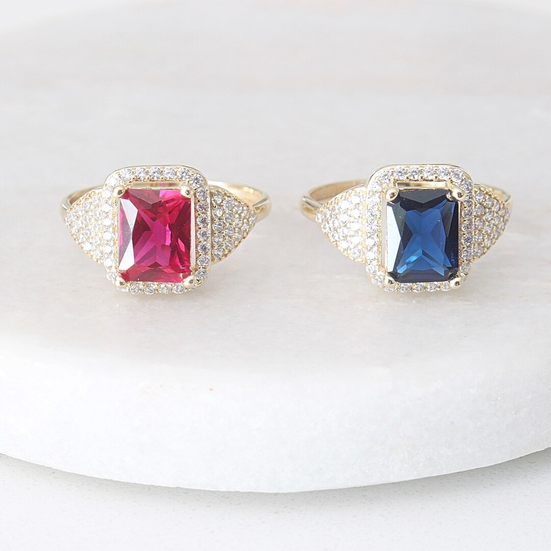 10k Rectangle Ruby Sapphire Ring Solid Genuine Real Gold Synthetic Gems ...