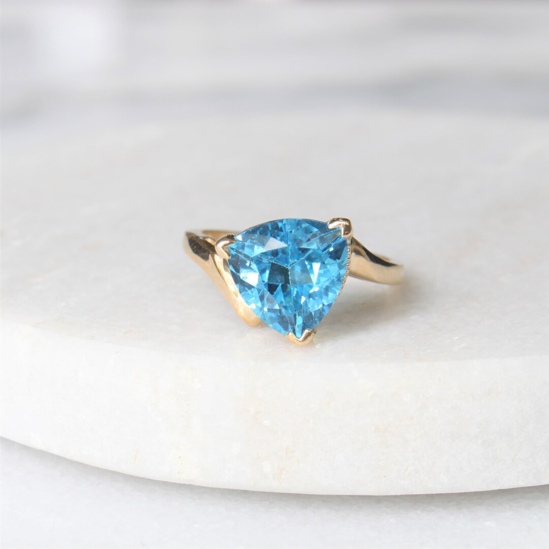 10k Triangle Blue Topaz Ring Solid 10 Karat Yellow Gold Genuine Natural ...
