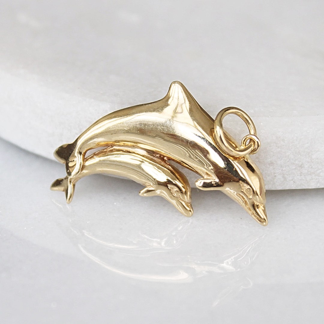 14k Gold Dolphins Charm Solid 14k Yellow Gold Swimming Dolphins Pendant ...