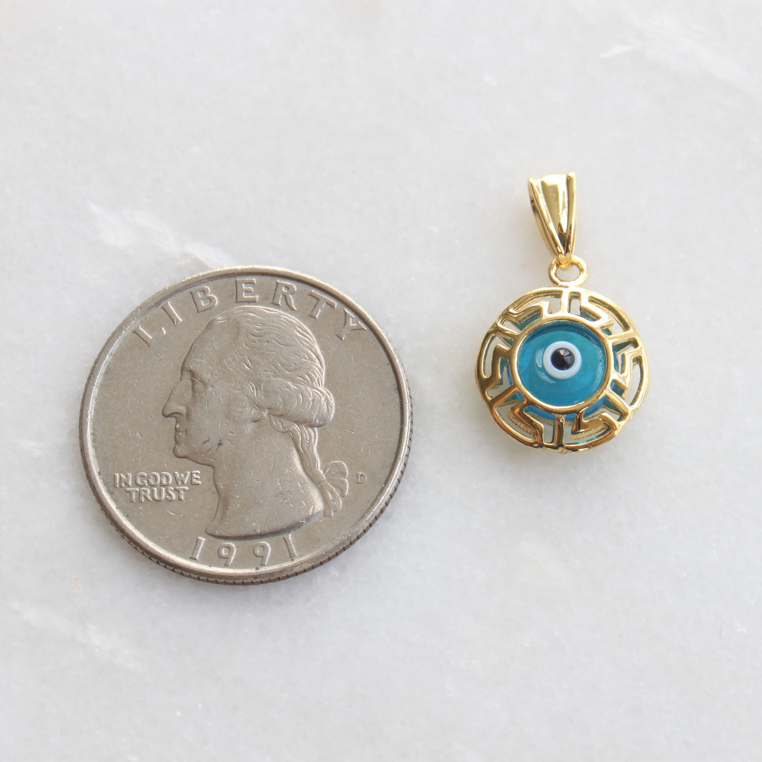 Greek Key Evil Eye Charm | 10k Yellow or White Gold Blue Evil Eye ...