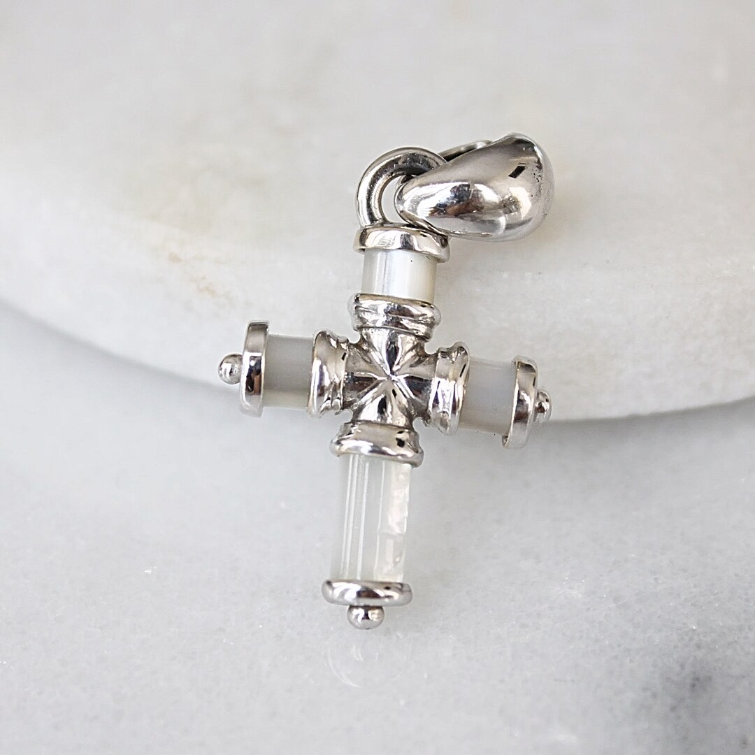 14k Mother of Pearl Cross Pendant | Vintage Solid 14k White Gold ...