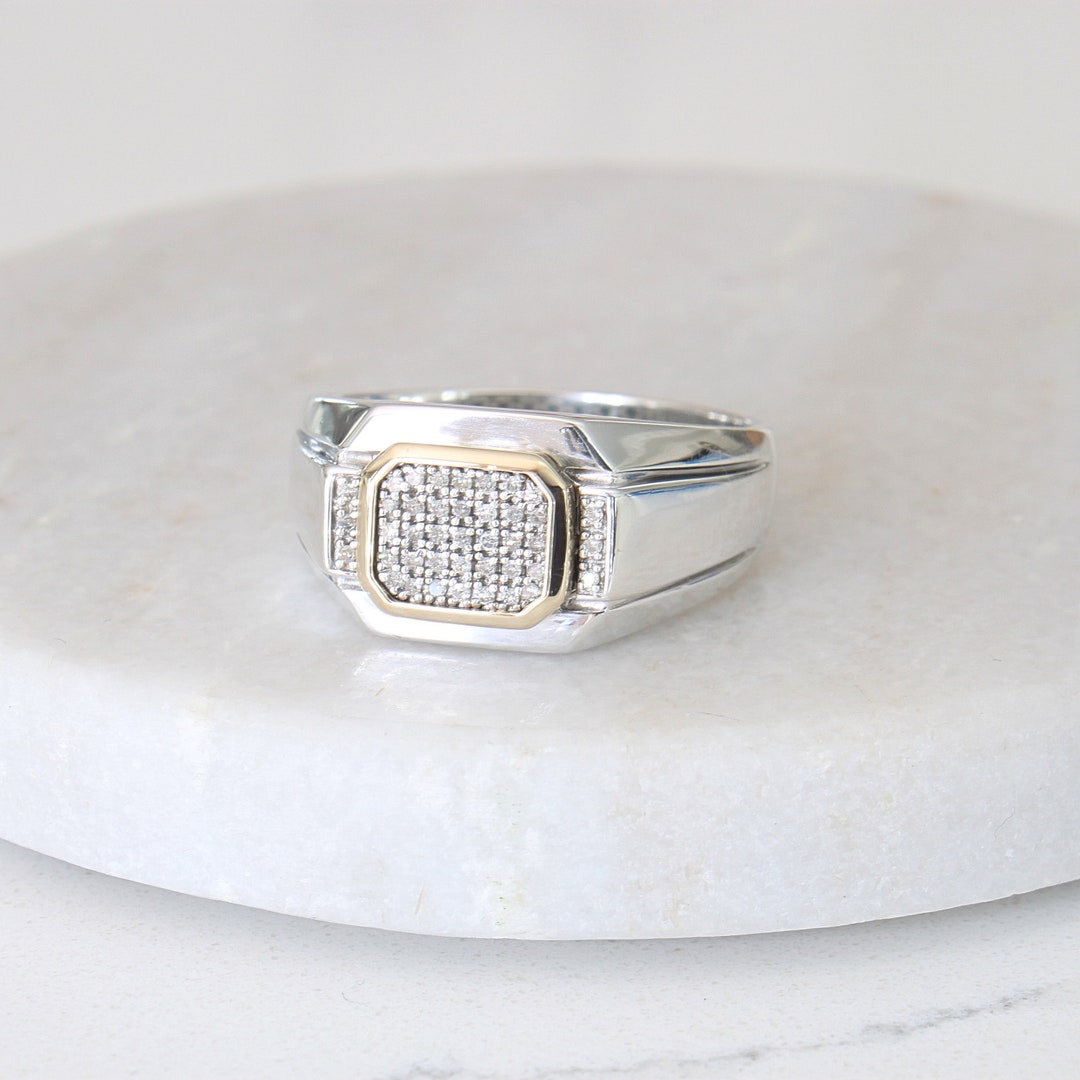 Silver Rectangle Diamond Men's Ring SOLID 10k Gold Sterling Silver ...