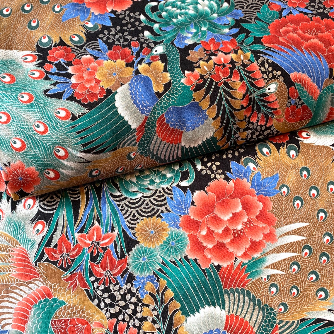 Japanese Fabric, Traditional Pattern, Large Flower and Peacock, Black ...