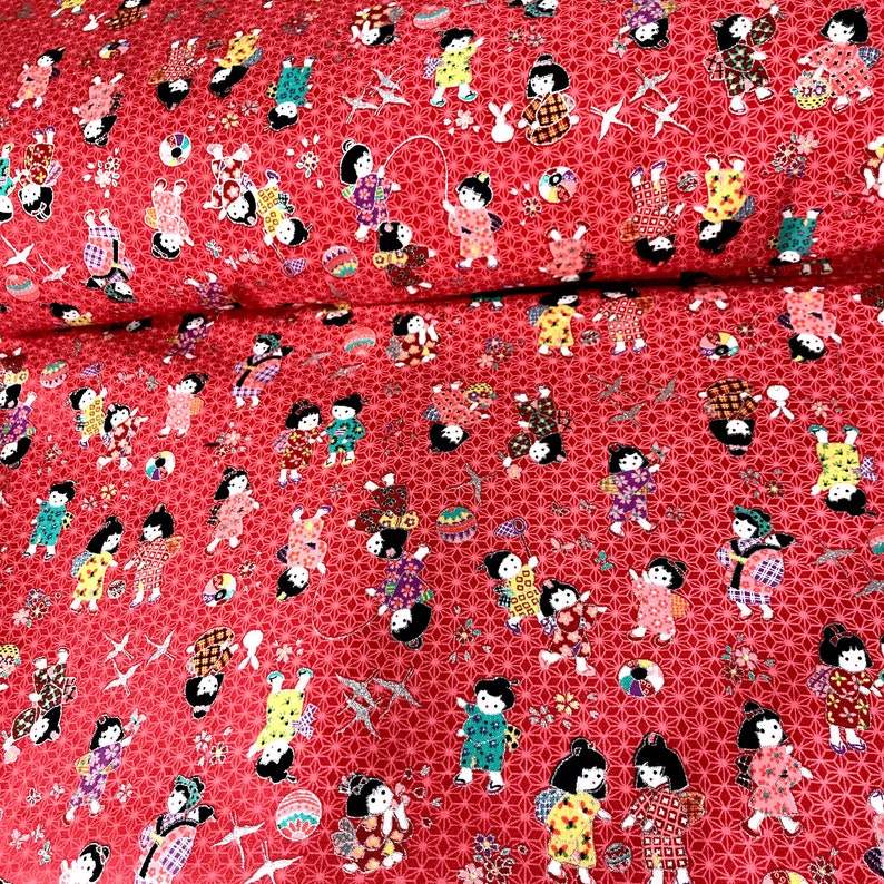 Japanese Fabric, Traditional Little Girls Pattern, Red Background ...